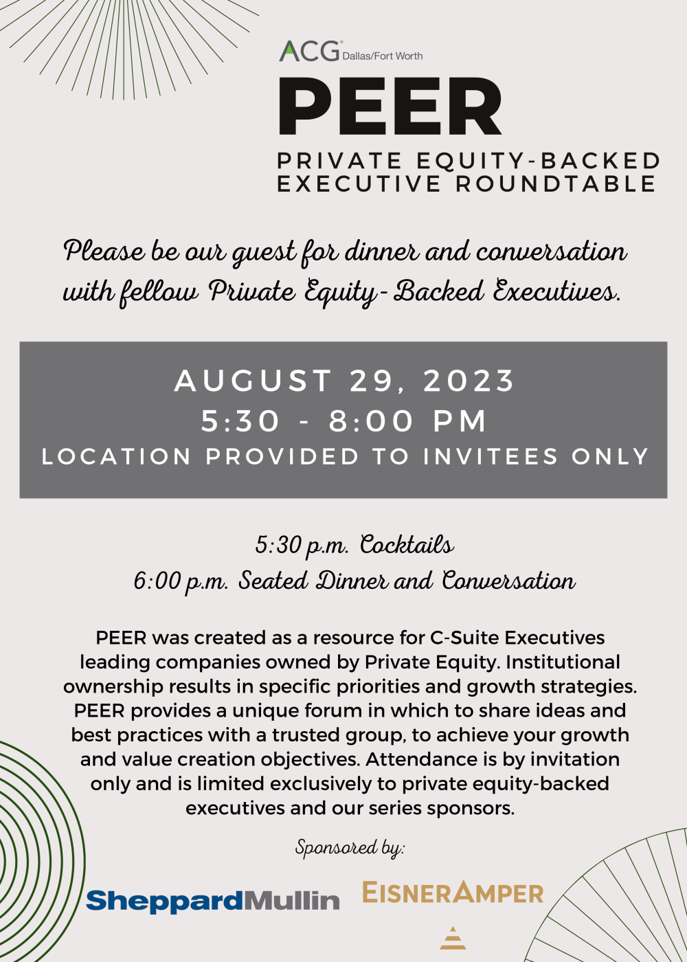 2023 ACG DFW Private Equity-backed Executive Roundtable - August Dinner | ACG Dallas/Fort Worth